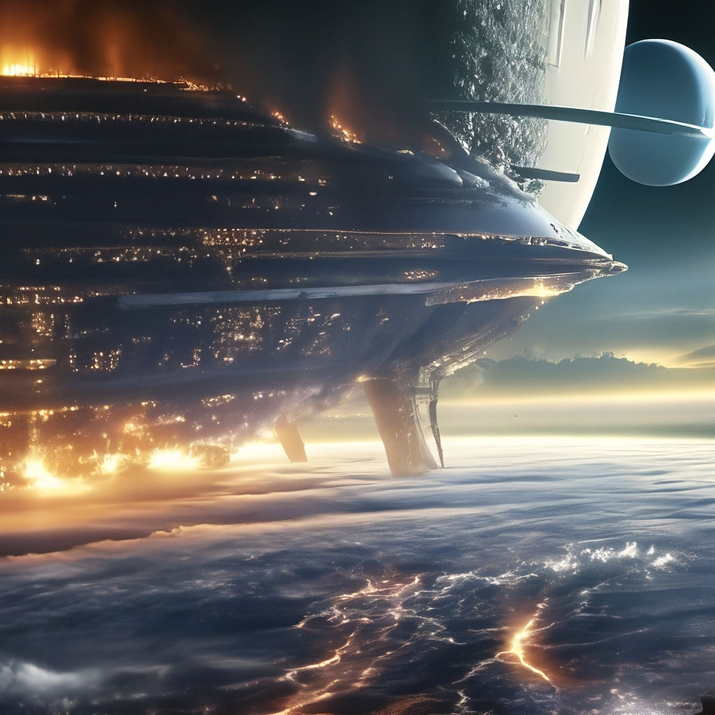 "Open space, a huge spaceship the size of a skyscraper drags two moons ...