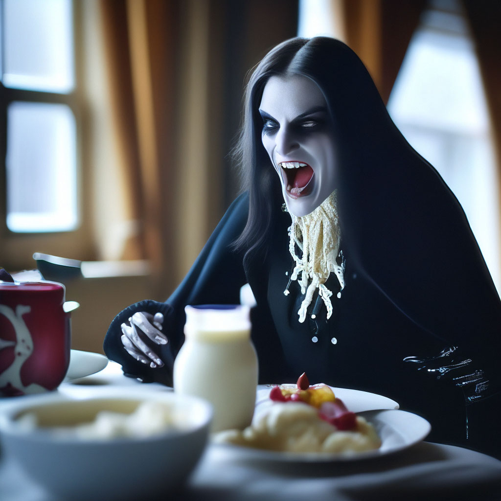 "A vampire eats cottage cheese for breakfast with disgust. winter. , f ...