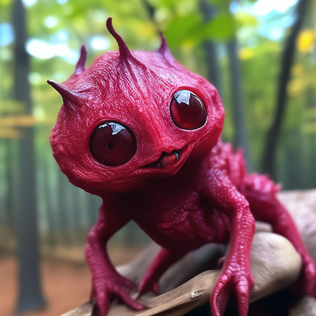 "Cute raspberry creature, amber eyes, hybrid of an alien and an unknown ...
