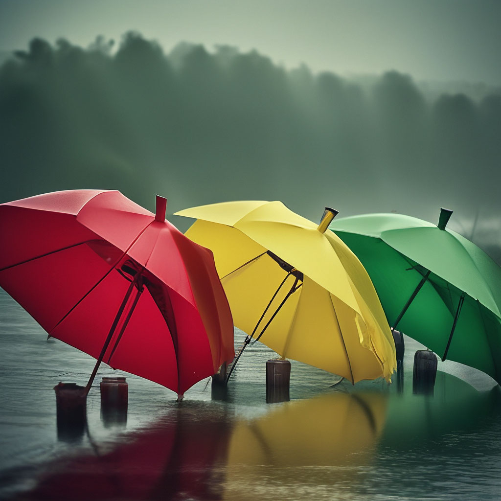"Three umbrellas in a row, three in a row green yellow red, in the air ...