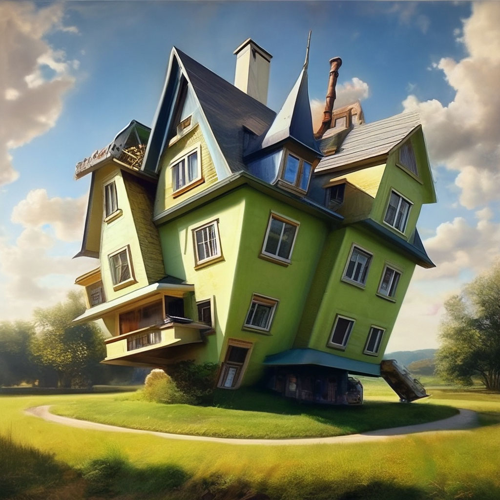"House, upside down, crooked windows, photorealism, glare , grass ...