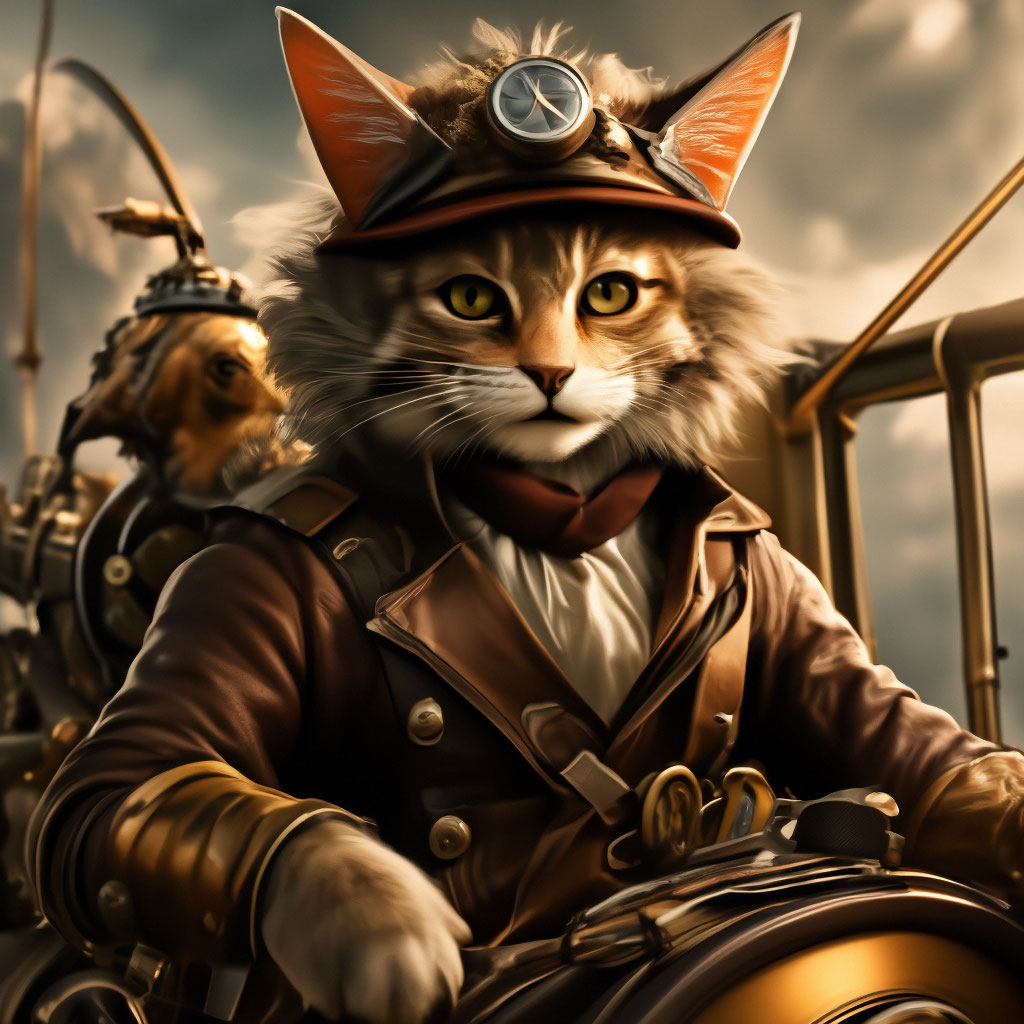 "The anthropomorphic furry cat pilots a small steampunk steam plane ...