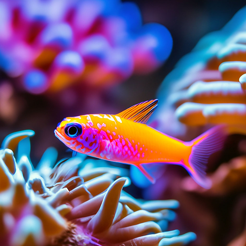 "A small neon fish among corals is beautiful in many details, bright ...