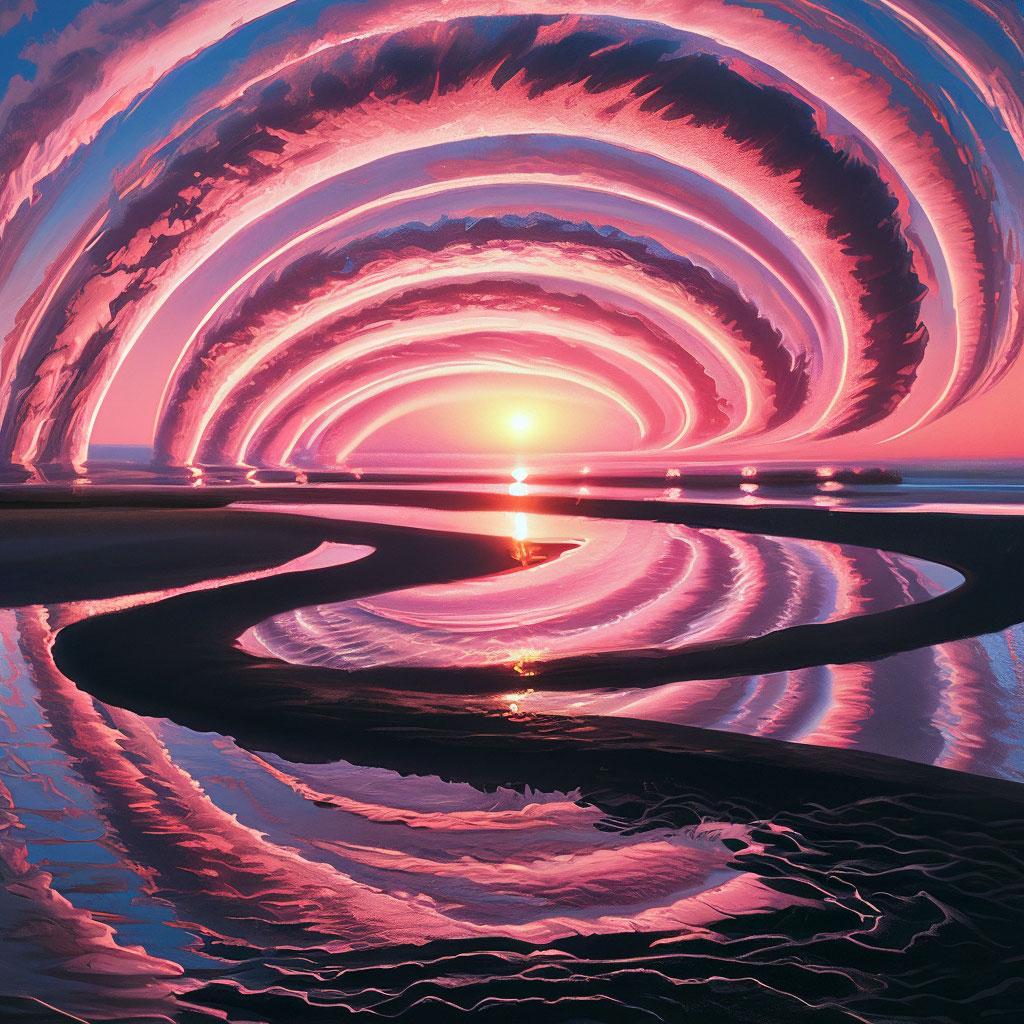 "Spiral black sea,pink sunset,reflection,high detail,soft lighting ...