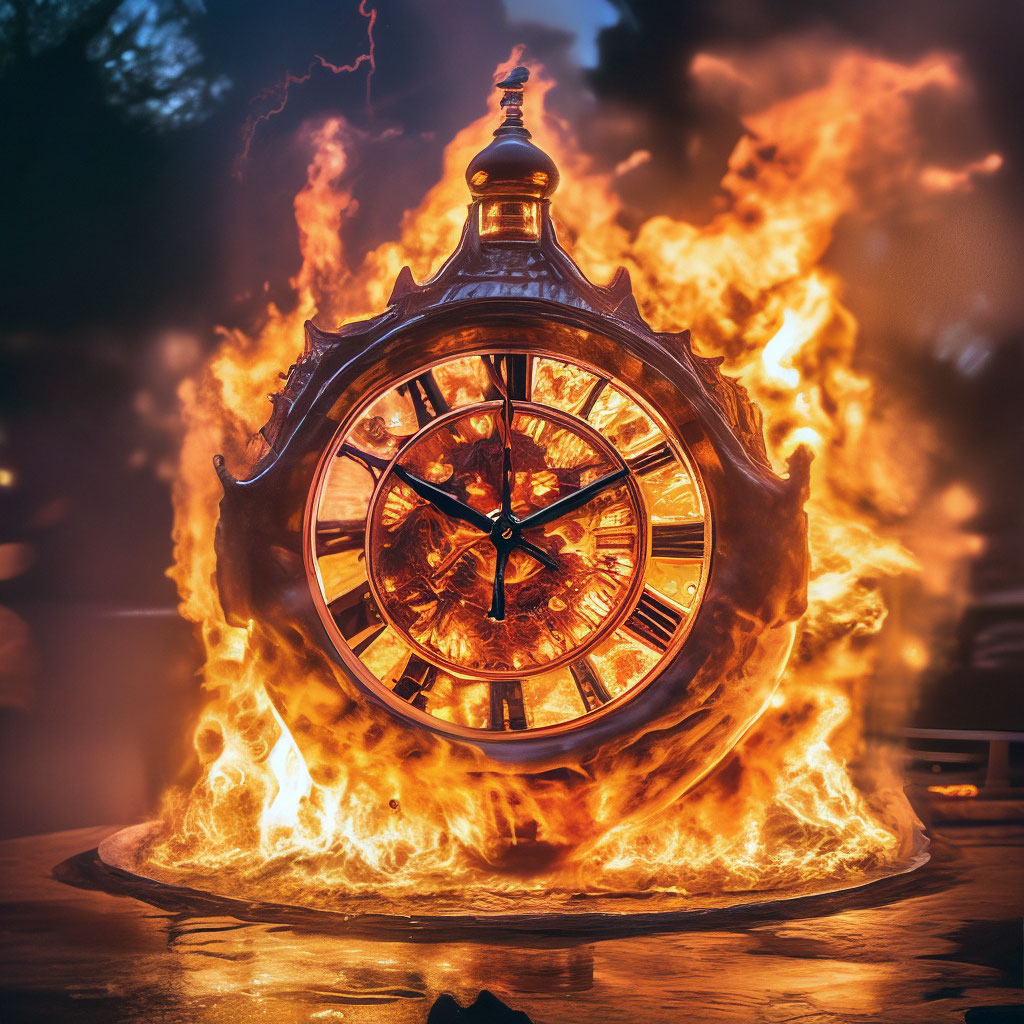 "A clock made of fire" — image created in Shedevrum