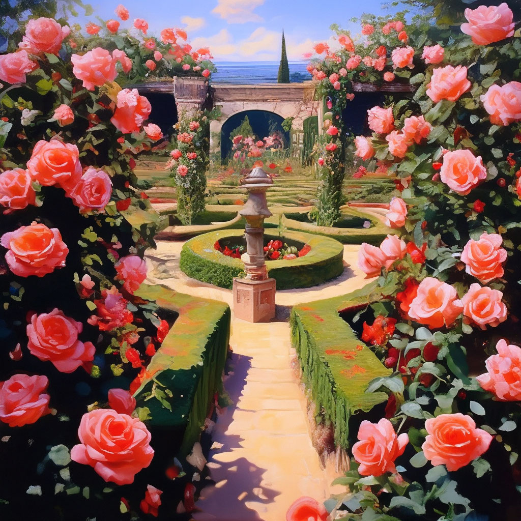 "Rose garden, rose bushes, maze of bushes, roses" — image created in ...