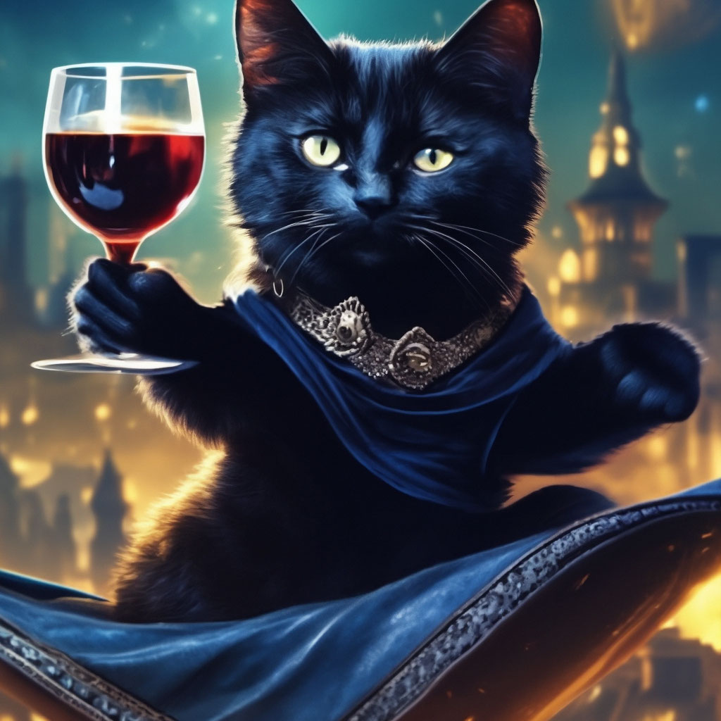 "A black anthropomorphic cat flies on a magic magic carpet at night ...