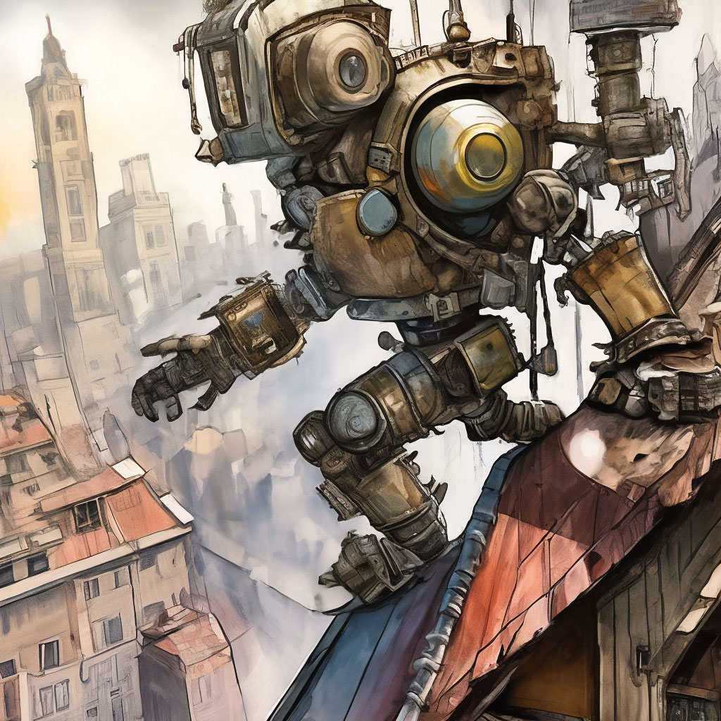"An old battered anthropomorphic android robot runs along the ridge of ...