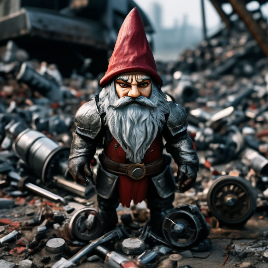 "A fighting gnome on the podium at the dump of cars and disassembled ...