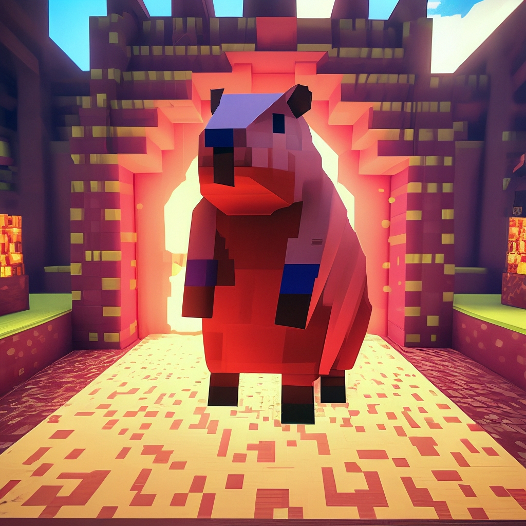 "Square capybara in Minecraft on the background of the portal to hell ...