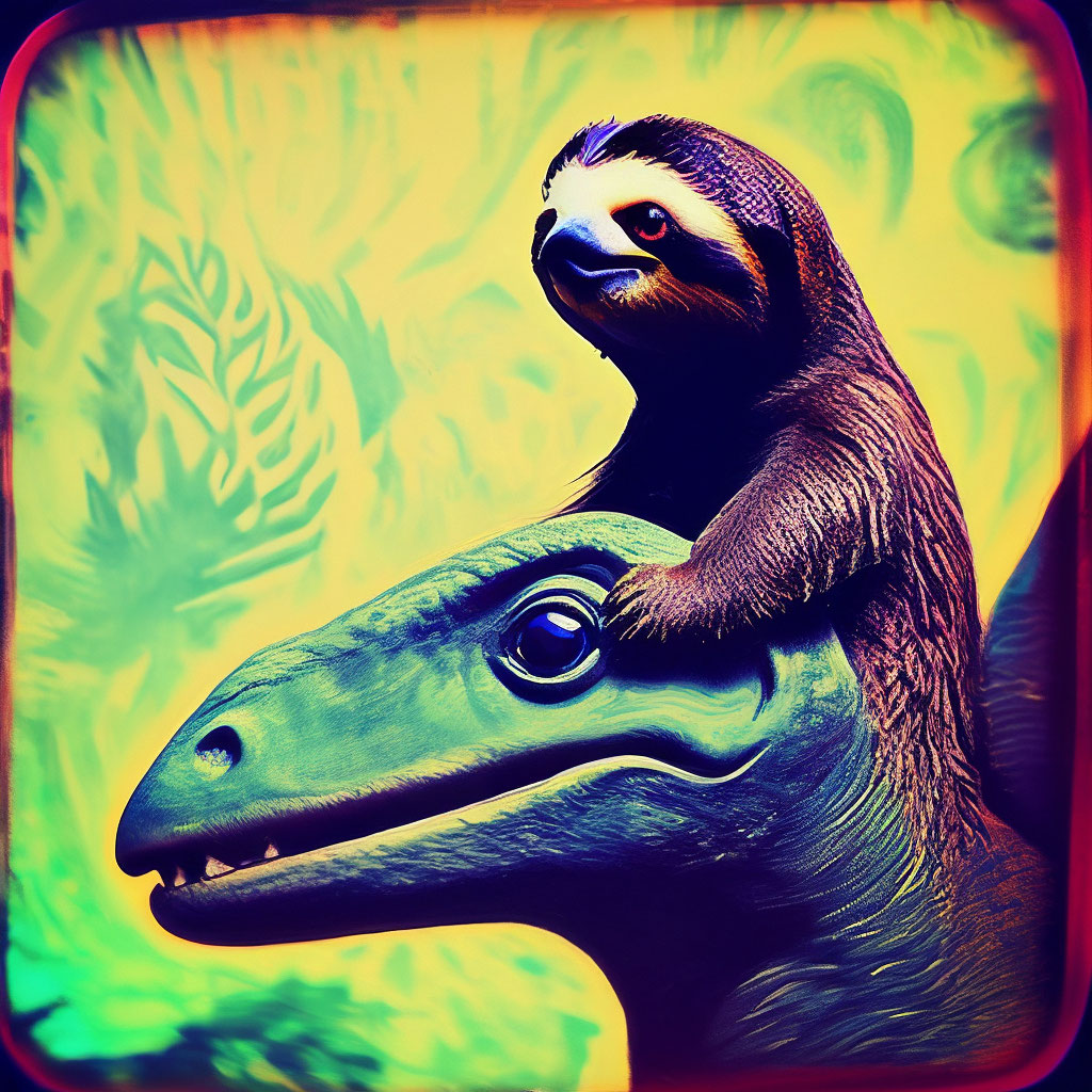 "Sloth rides a dinosaur" — image created in Shedevrum