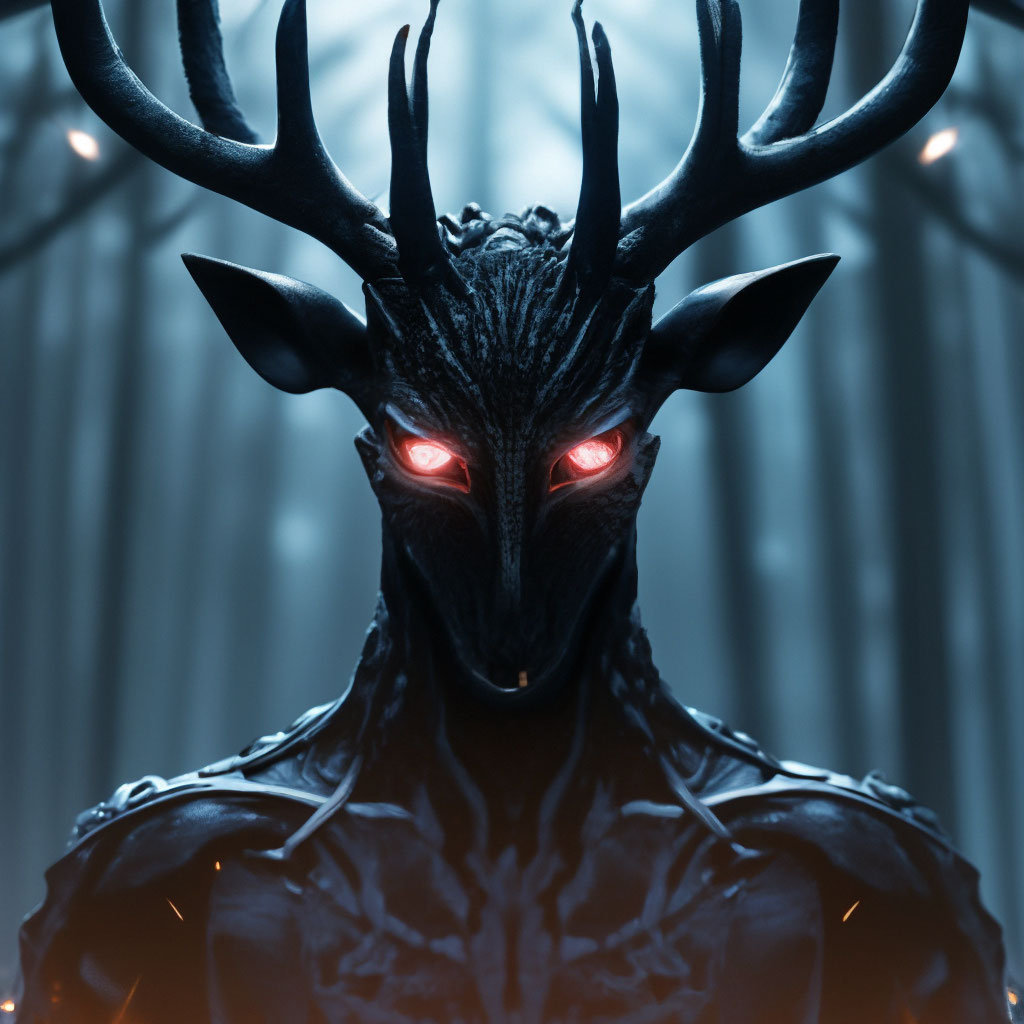 "Horned humanoid creature, completely black body, black skin, blurry ...
