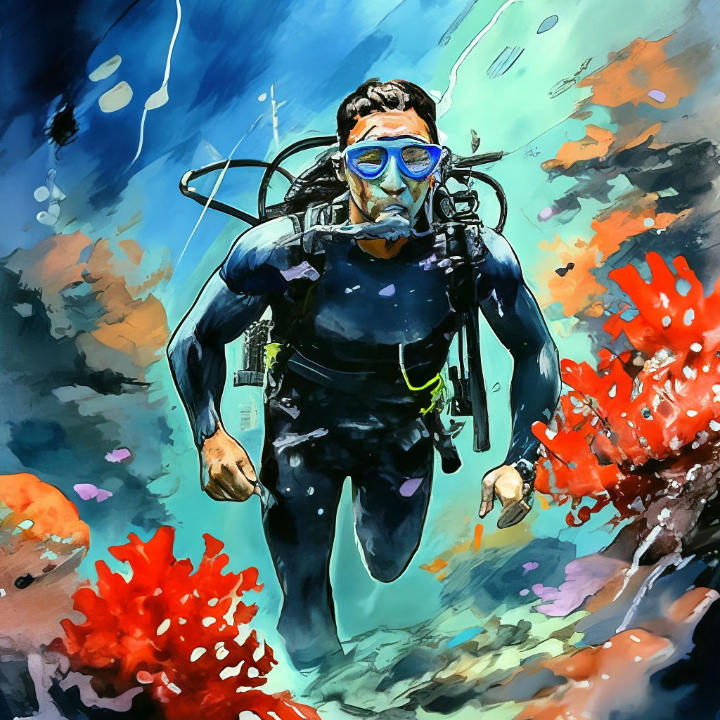 "Wet watercolor, Red sea,scuba diving in the sea, diving, handsome man+ ...