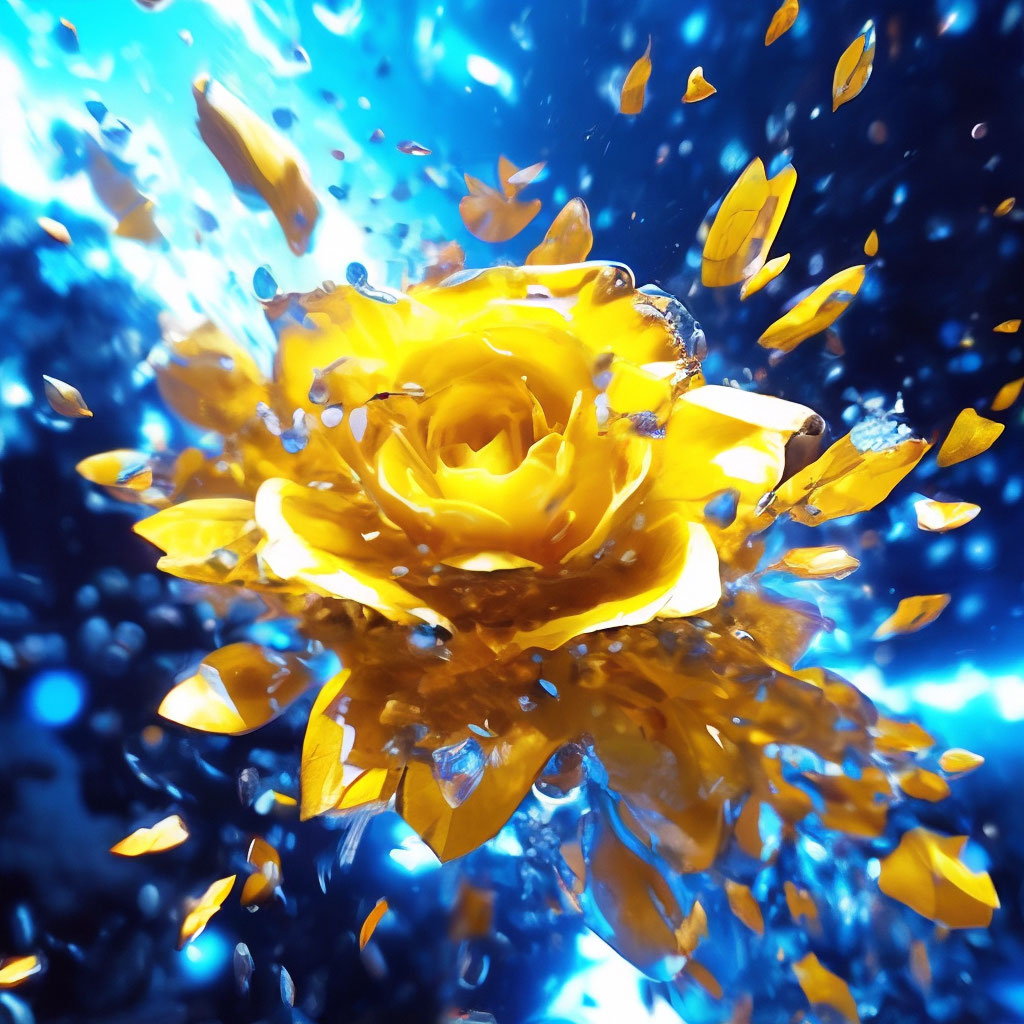 "Explosion petals fall off a crystal yellow rose blue cosmic background ...