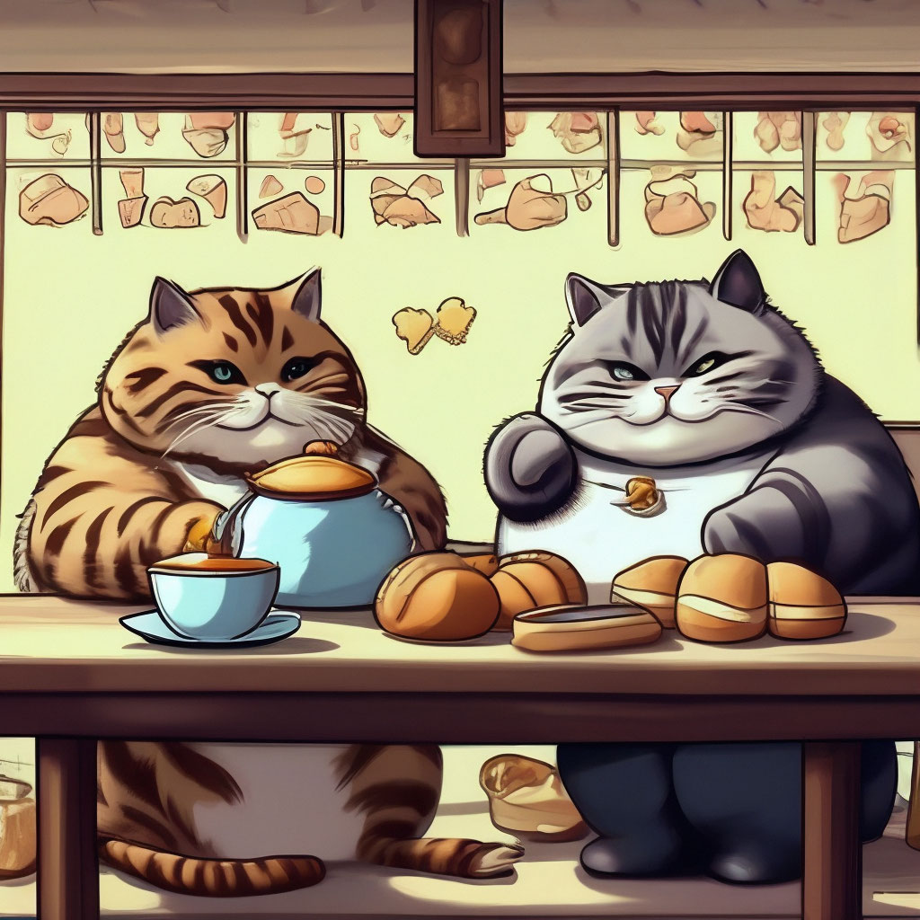 "Two fat cats drinking tea at a table with buns, bagels, caricature ...