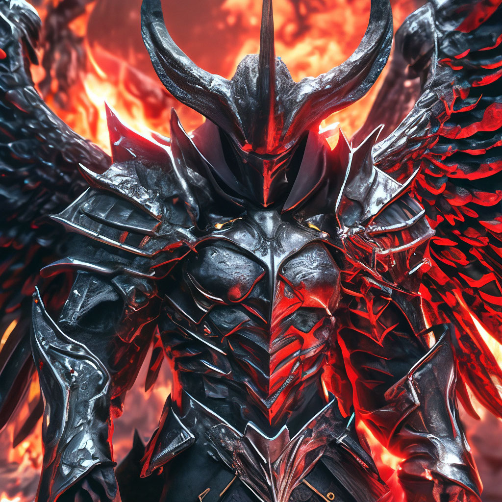"Archdemon in black armor, anatomical armor, huge black wings ...