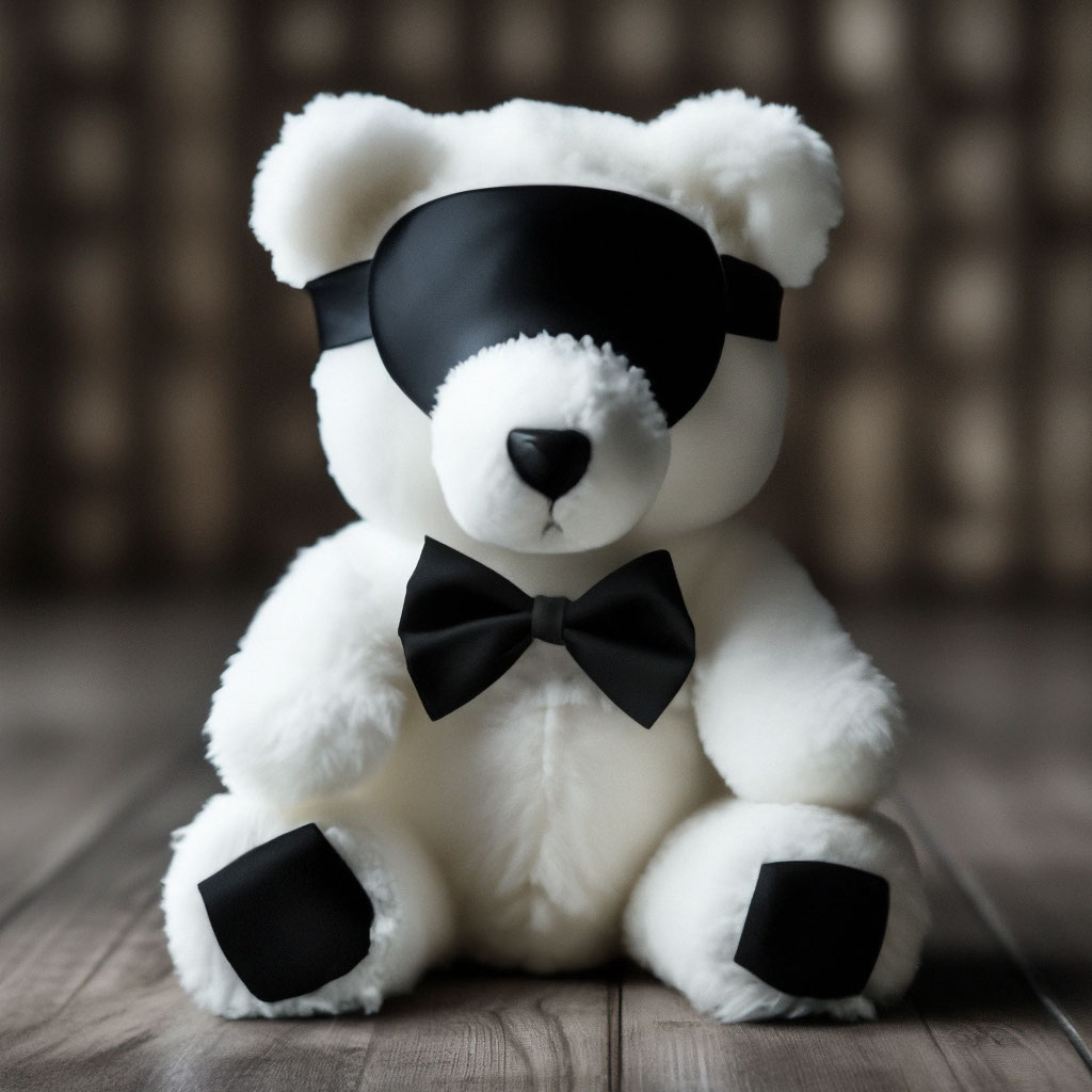 "Teddy white bear with black blindfold and handcuffs" — image created ...