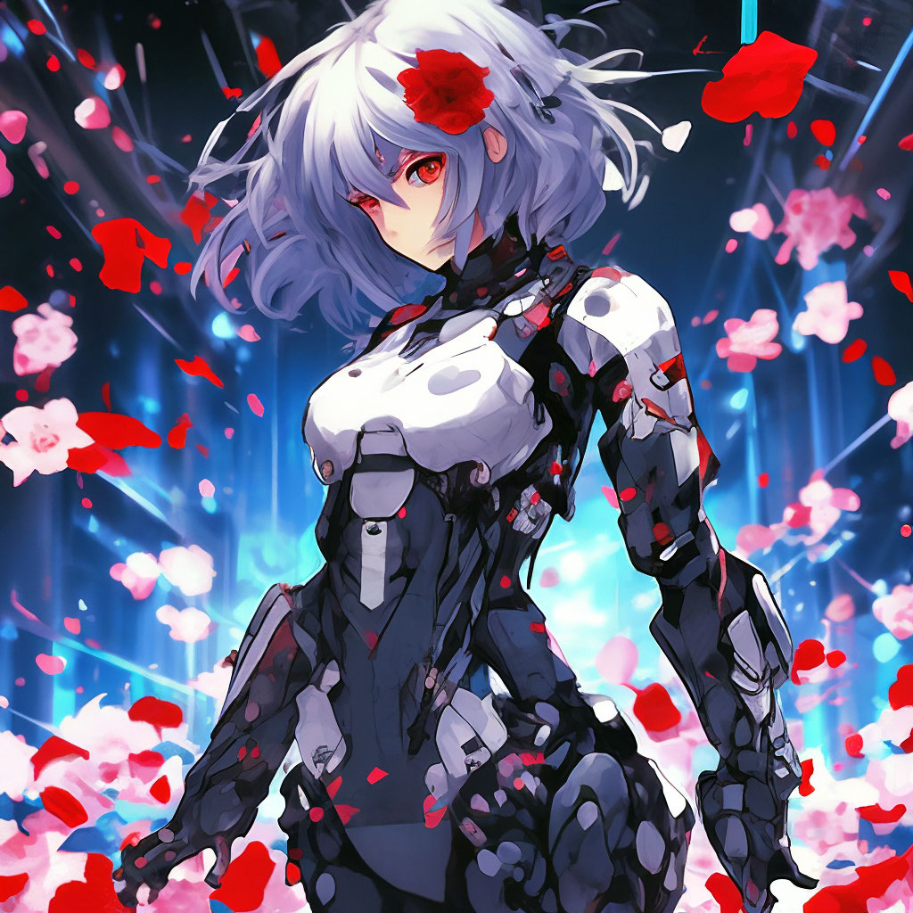 "A girl with a cyborg body, anime style, full-length, disheveled hair ...