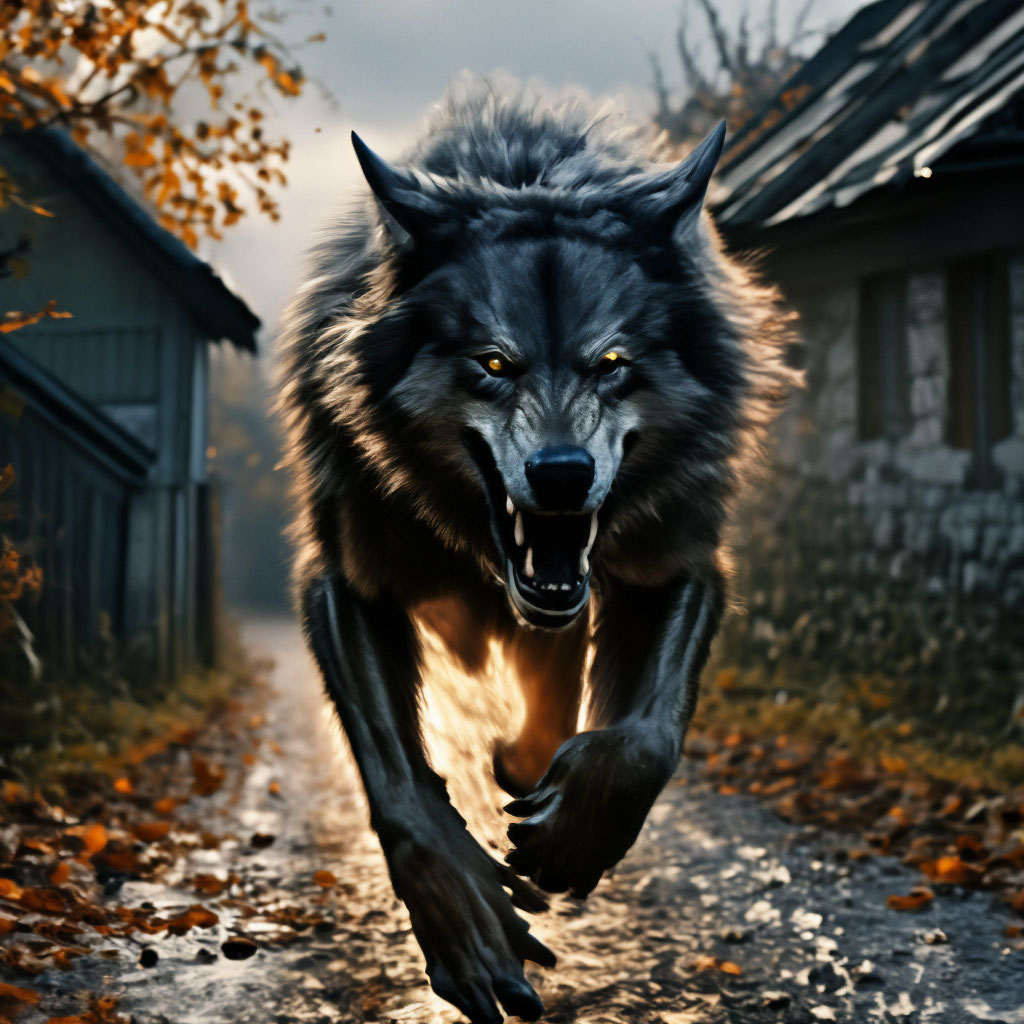 "Autumn morning, cold, dawn, rural landscape, werewolf running through ...
