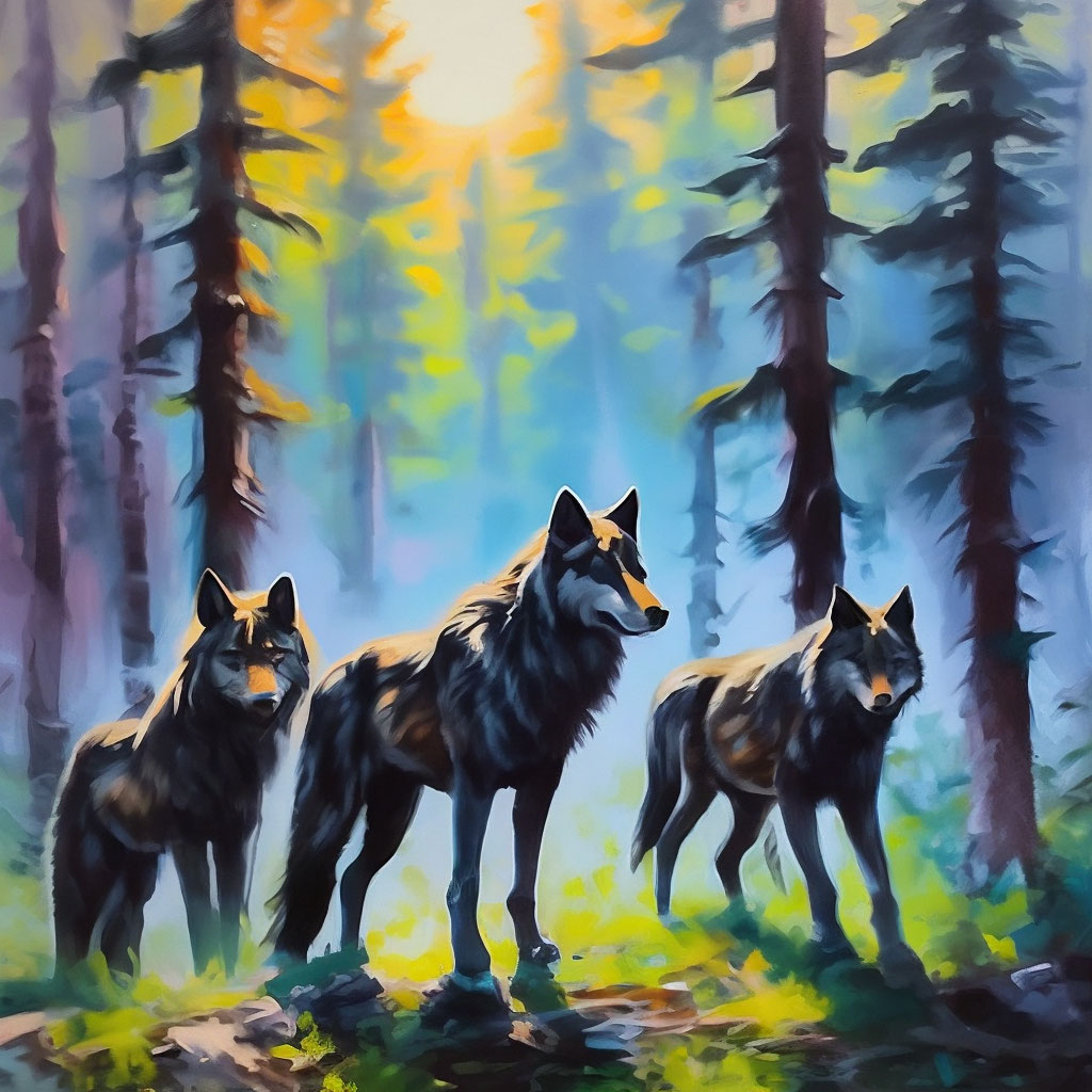 "Acrylic painting, beautiful painting of a pack of wolves in the taiga ...