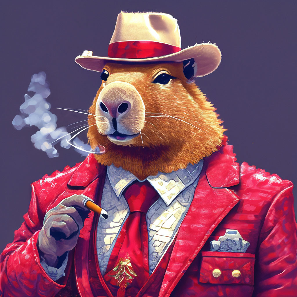 "Capybara in a crimson jacket and gangster style, smokes a cigar like a ...