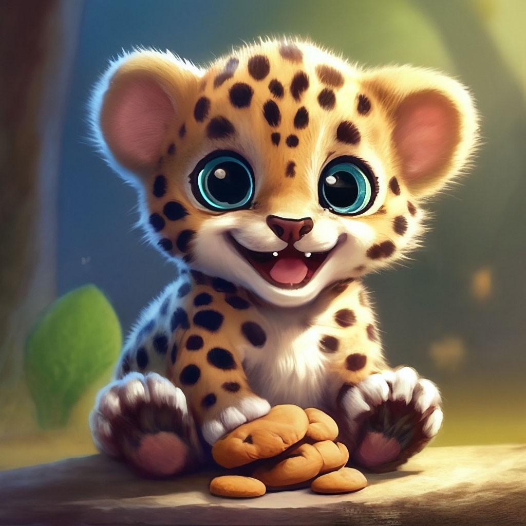 Creepy funny fluffy bug-eyed baby jaguar, eating a cookie, smiling ...