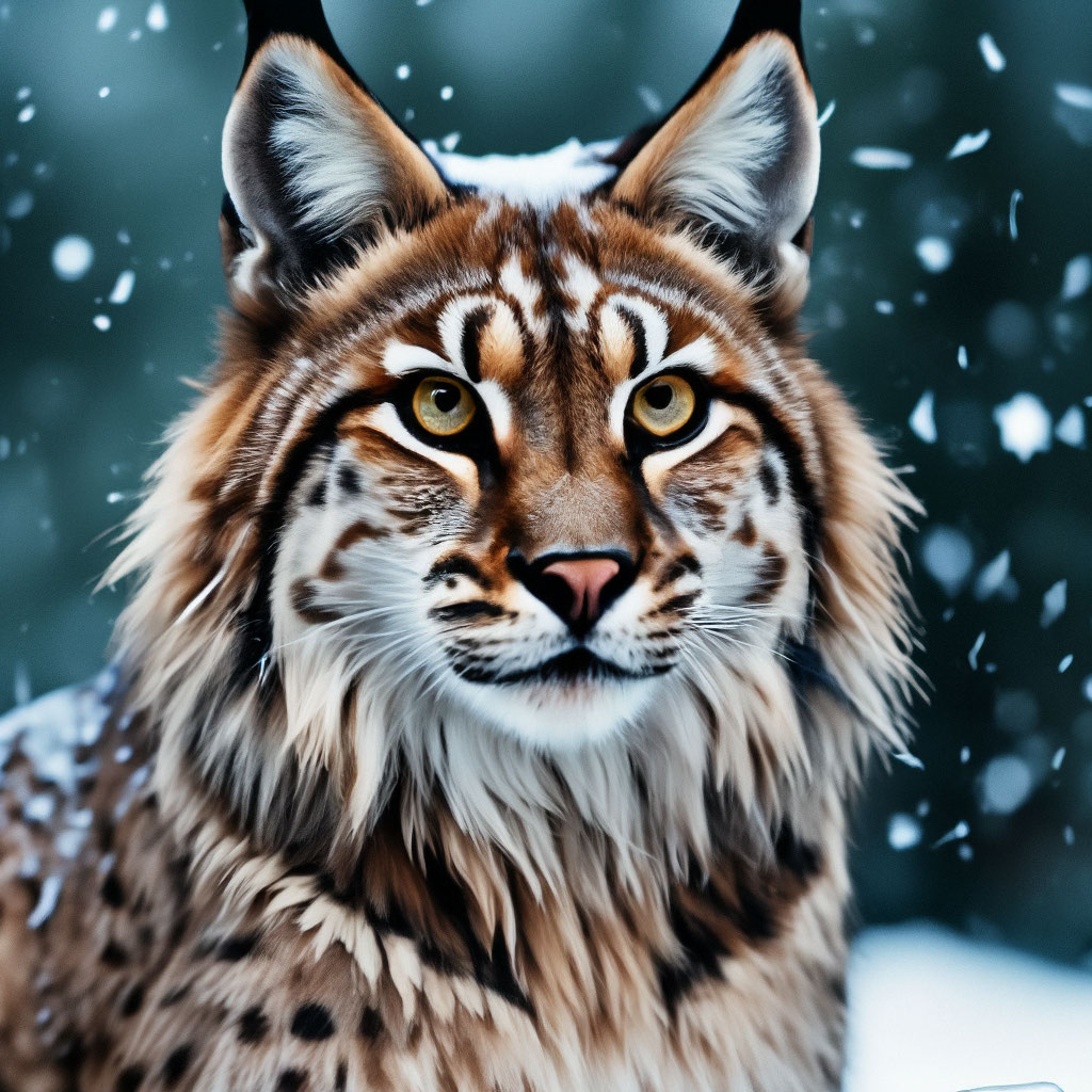 "A beautiful fluffy lynx sits and looks at the falling snowflakes, big ...