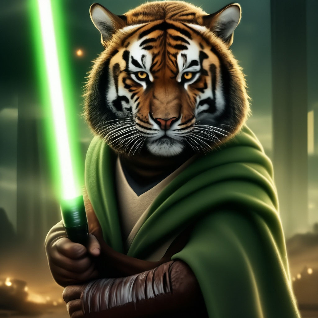 "A Jedi tiger with a green lightsaber" — image created in Shedevrum
