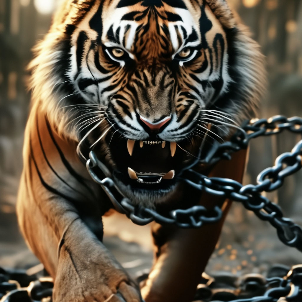 "Side view angle of realistic drawing of a angry tiger pulling broken ...
