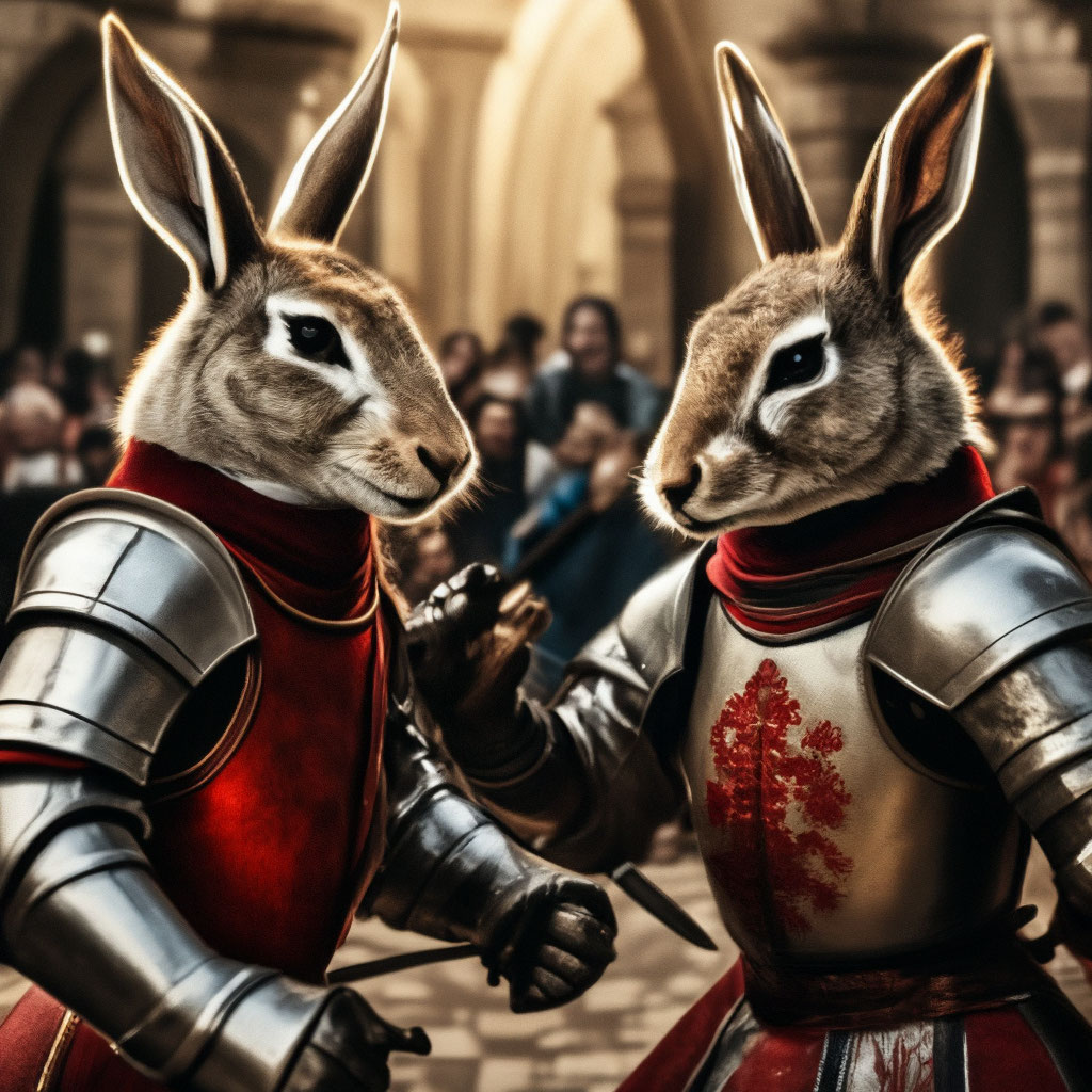 "Medieval painting, hares in armor fighting in a tournament" — image ...