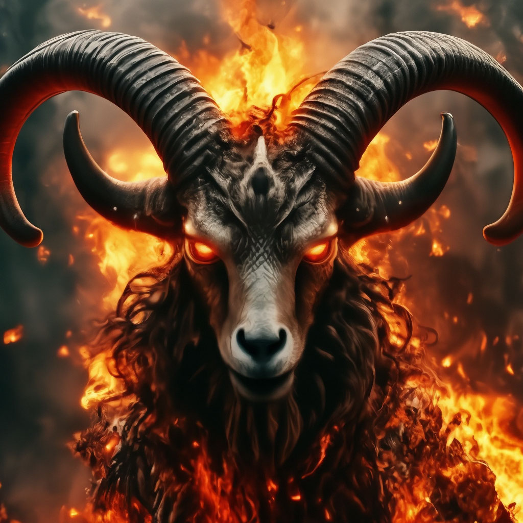 "A goat with twisted horns that has fire burning from its eyes and ...
