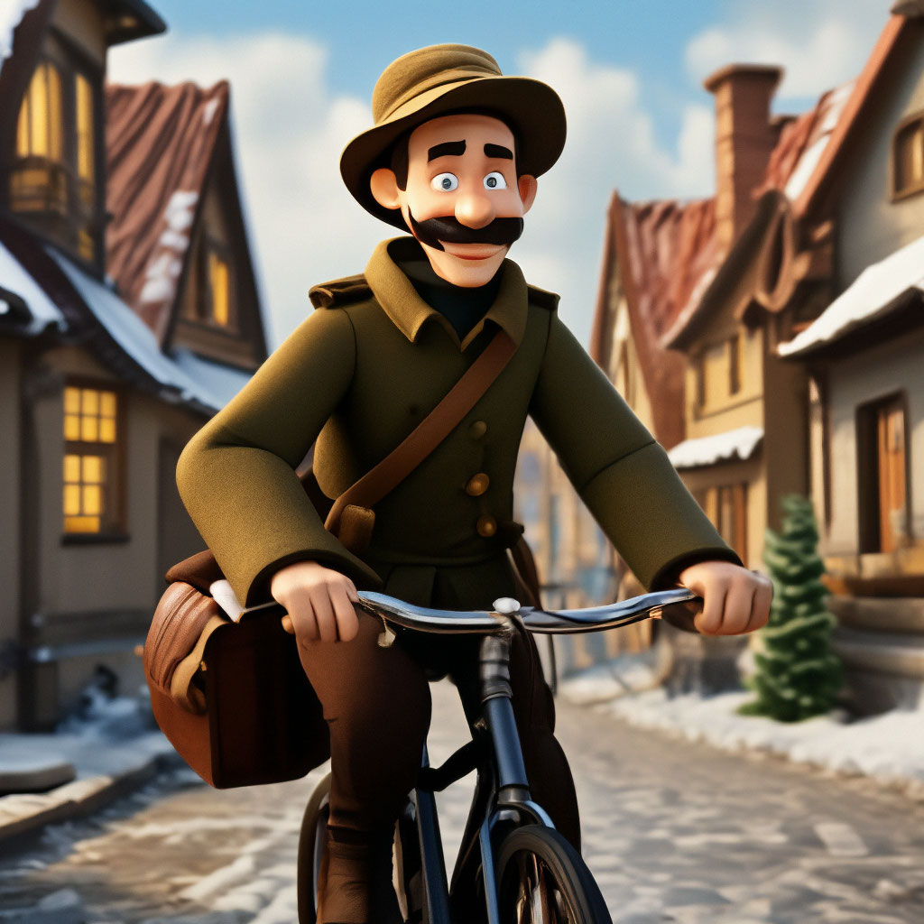 "The postman Pechkin without a beard, a smile, rides a bicycle through ...