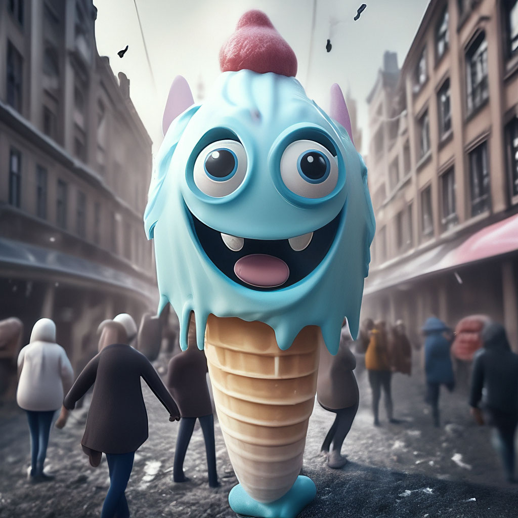 "A huge ice cream with eyes and hands walks around the city and melts ...