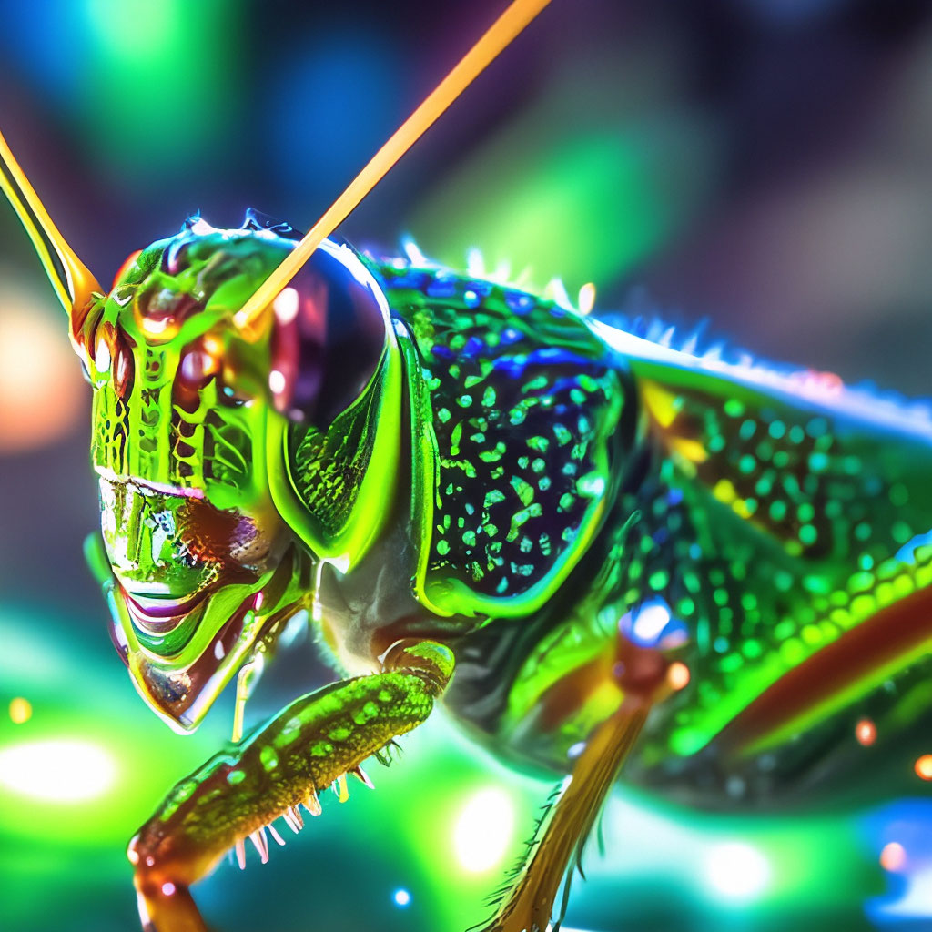 "Green grasshopper, stunning image with light in it, beautiful eyes ...