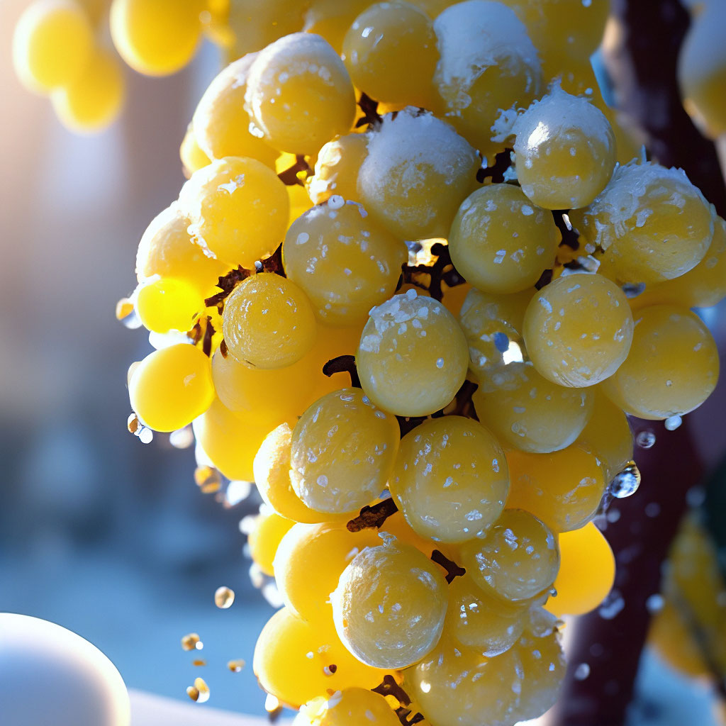 "A bunch of yellow grapes in the snow, dew drops, fog, magically, in ...