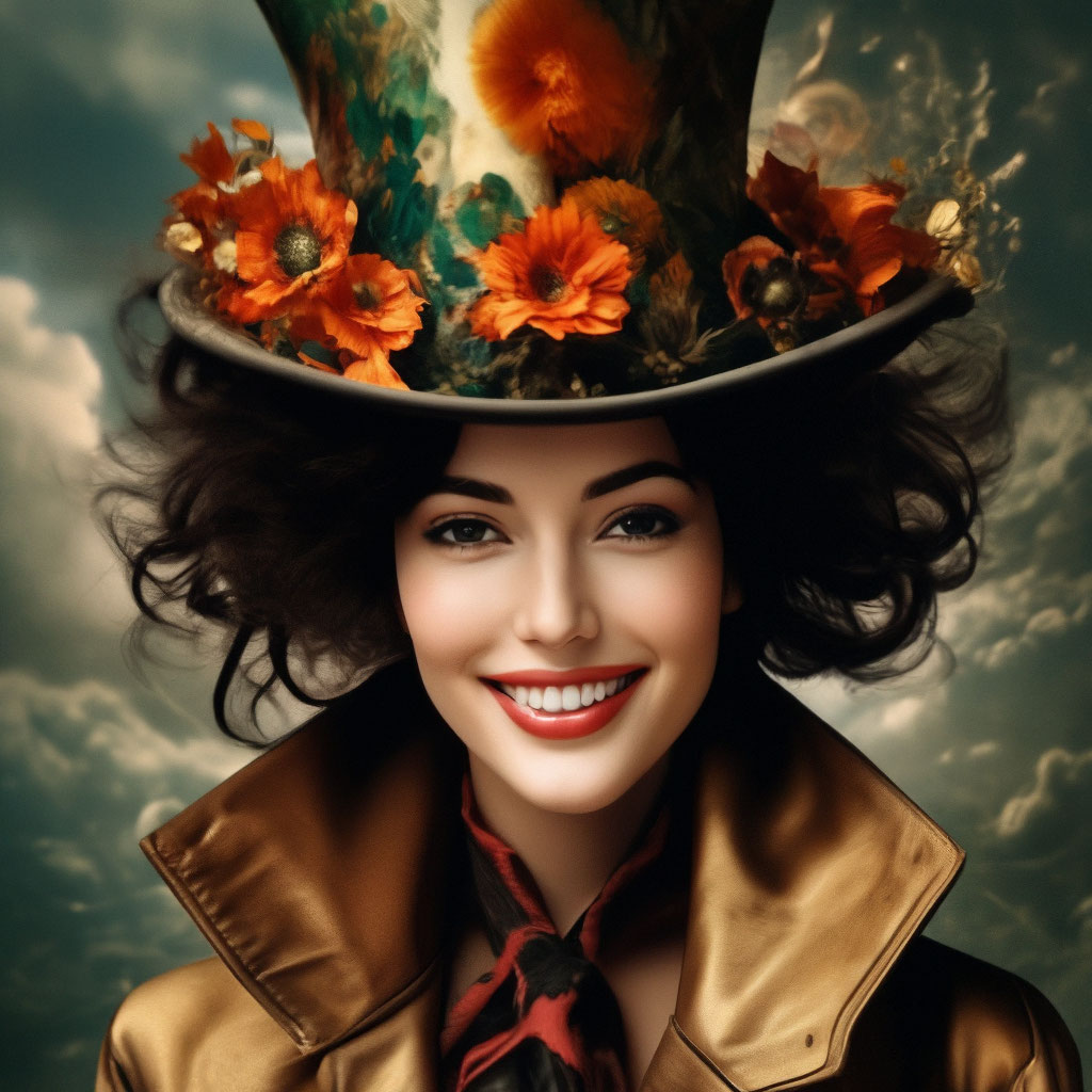 "Brunette lady with a mad hatter's smile, surrealism, hat and polto ...