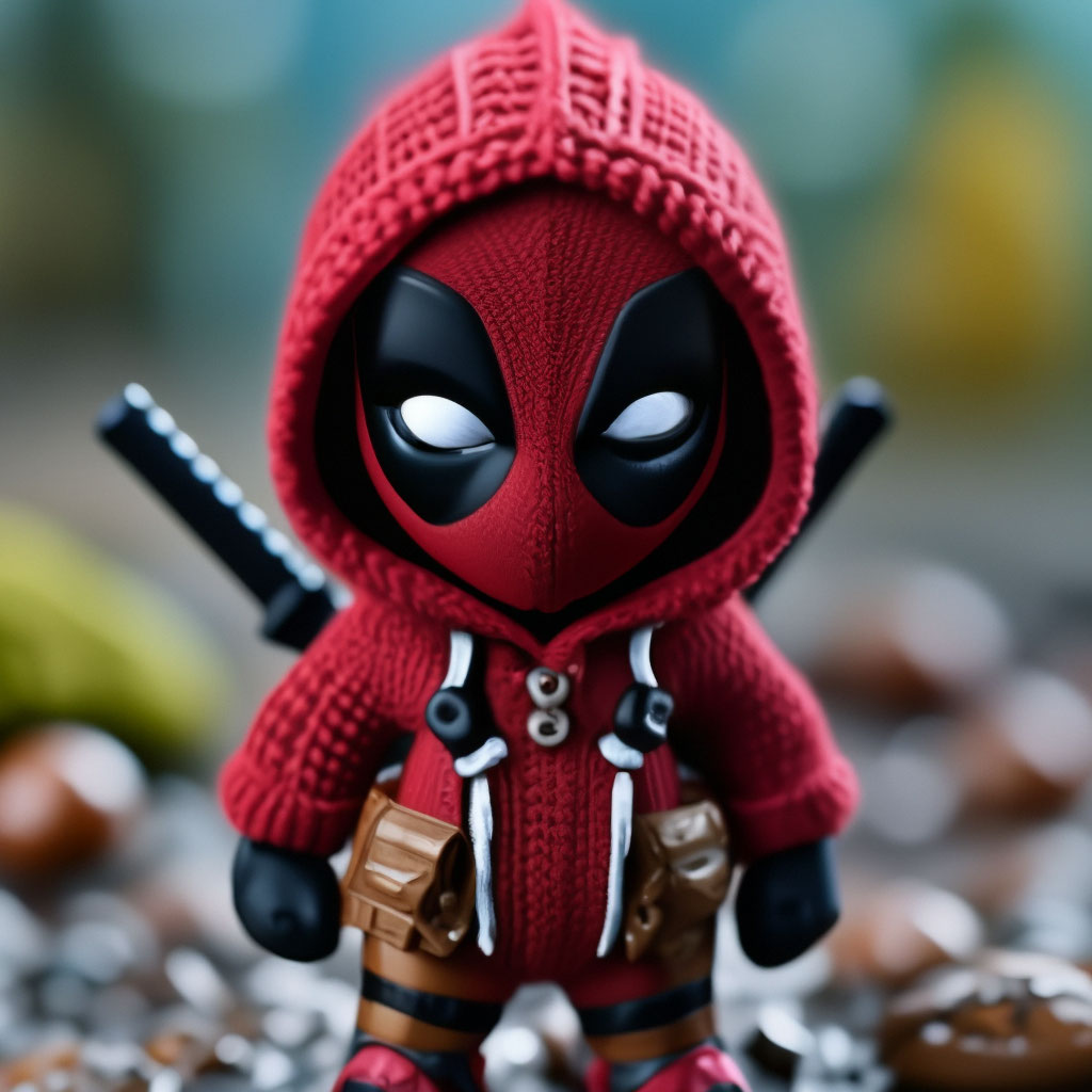 "Realistic cute tiny Deadpool in a knitted hoodie, in the land of ...
