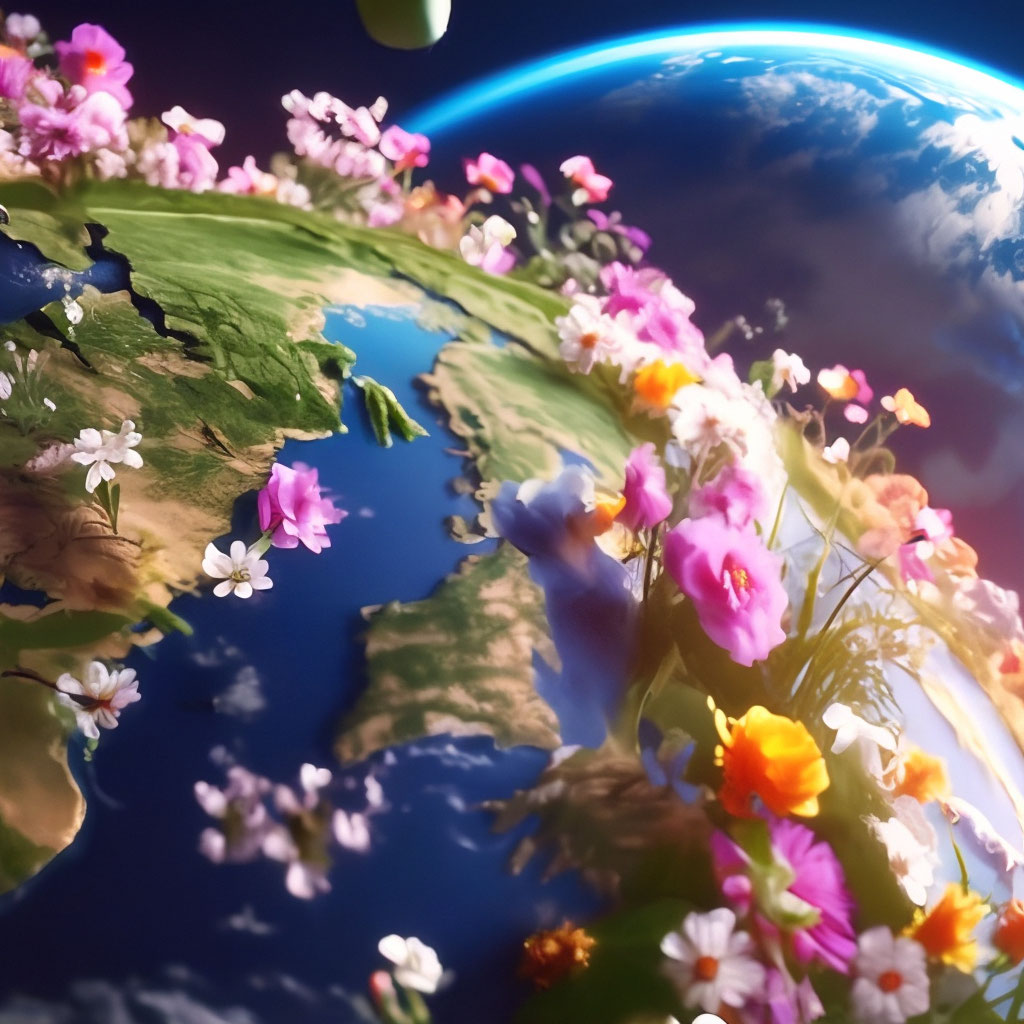 "A mock-up of the earth strewn with flowers, a planet in space ...