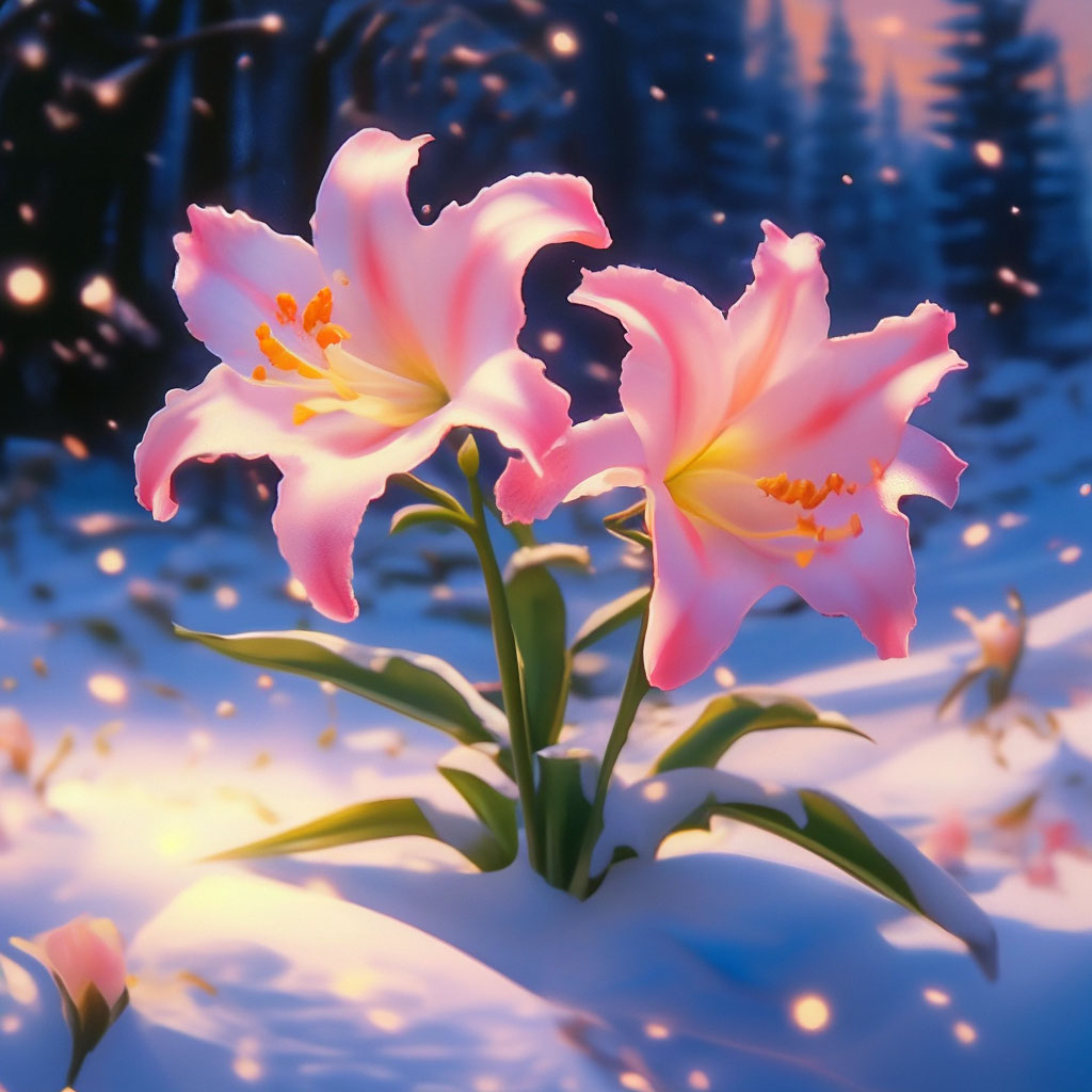 "On pink snow, lilies bloom,glitter,hyper-bright" — image created in ...