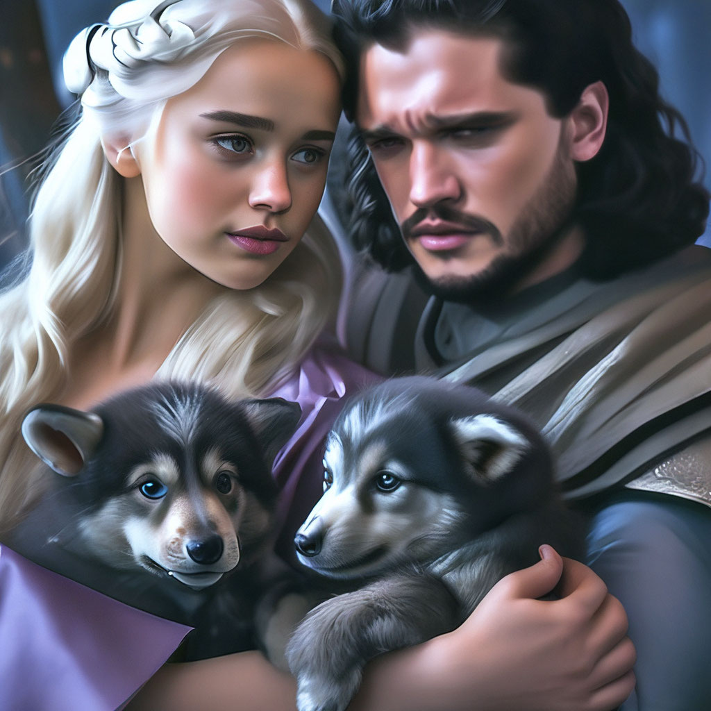 "Daenerys and Jon Snow play with young dragon babies and direwolf ...