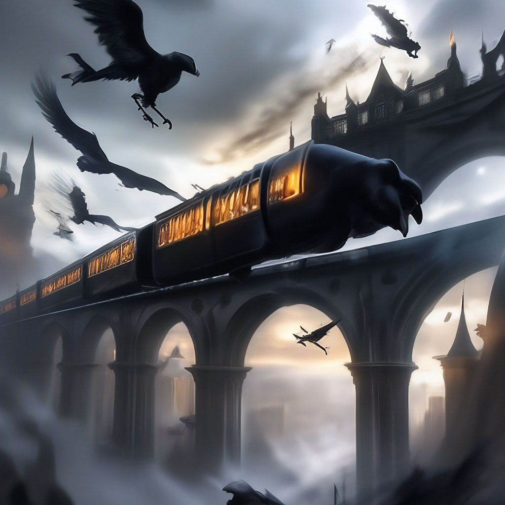 "A Gothic train rushes across a Gothic bridge in the flying city of ...
