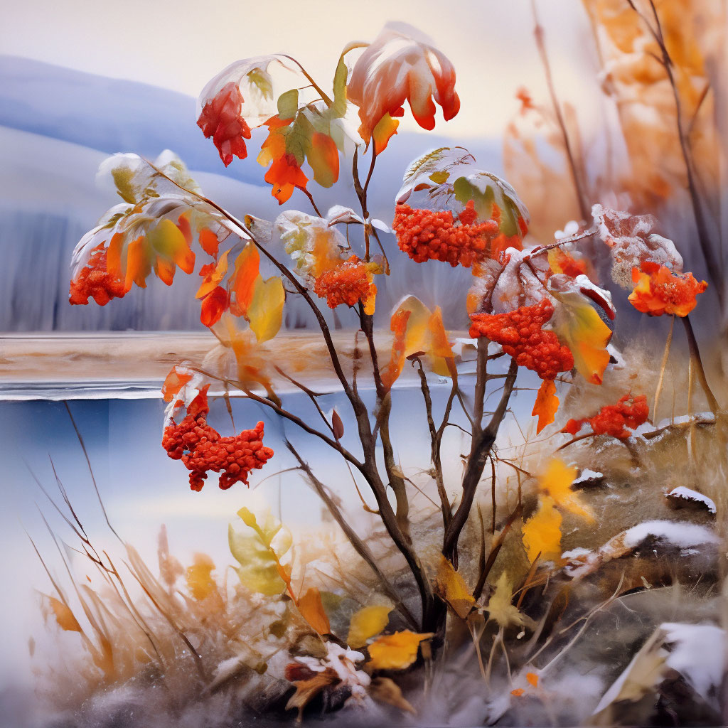 "A large mountain ash bush, with berries by the lake, leaves, grass ...