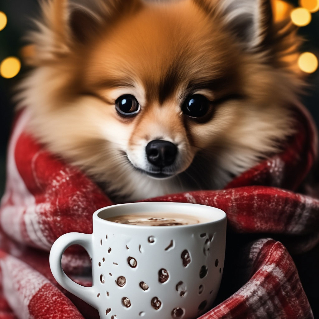 "Cheerful little spotted pomeranian wrapped up in a plaid over a cup of ...