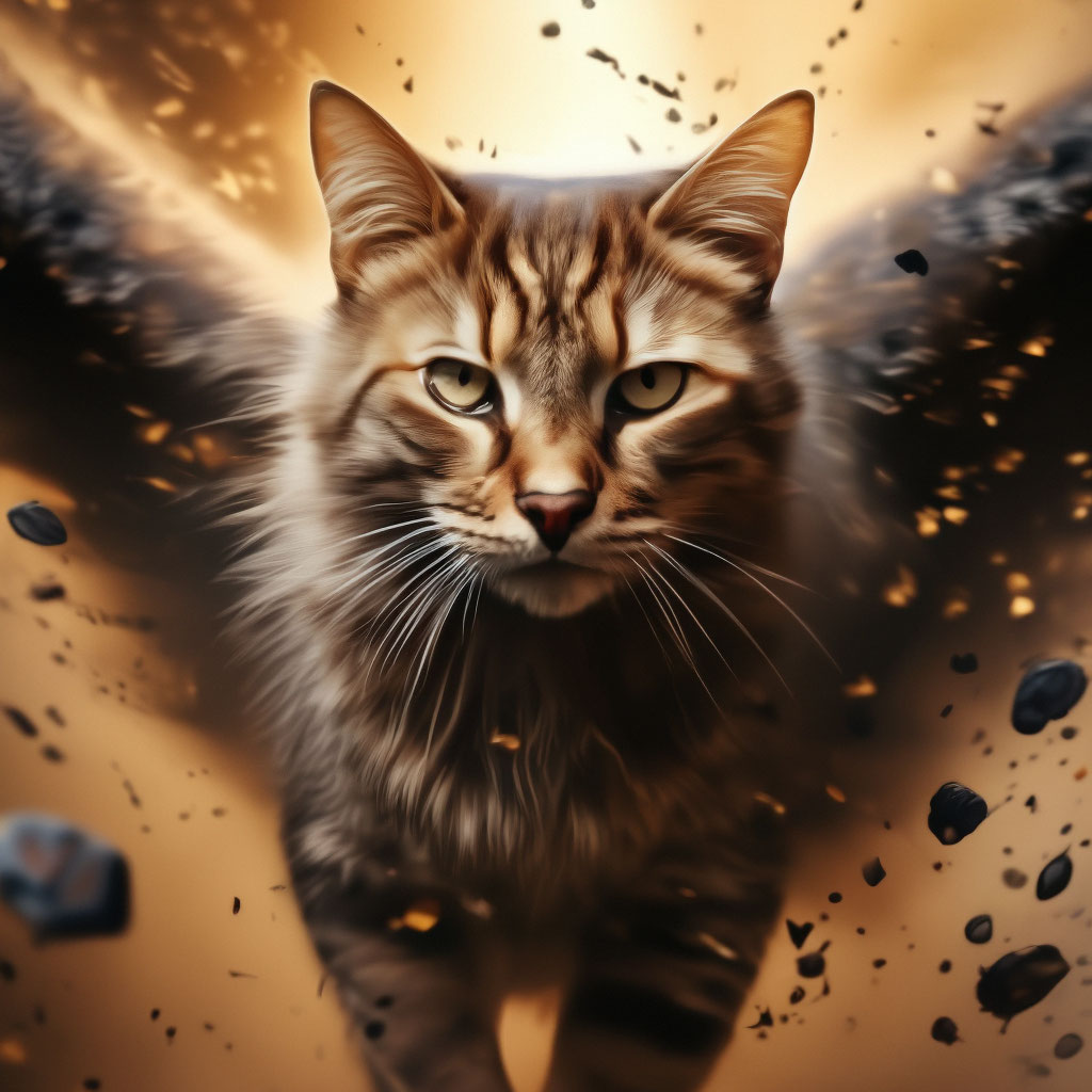 "Hyperrealism, angel cat, dusty fractal wind, disintegration effect ...