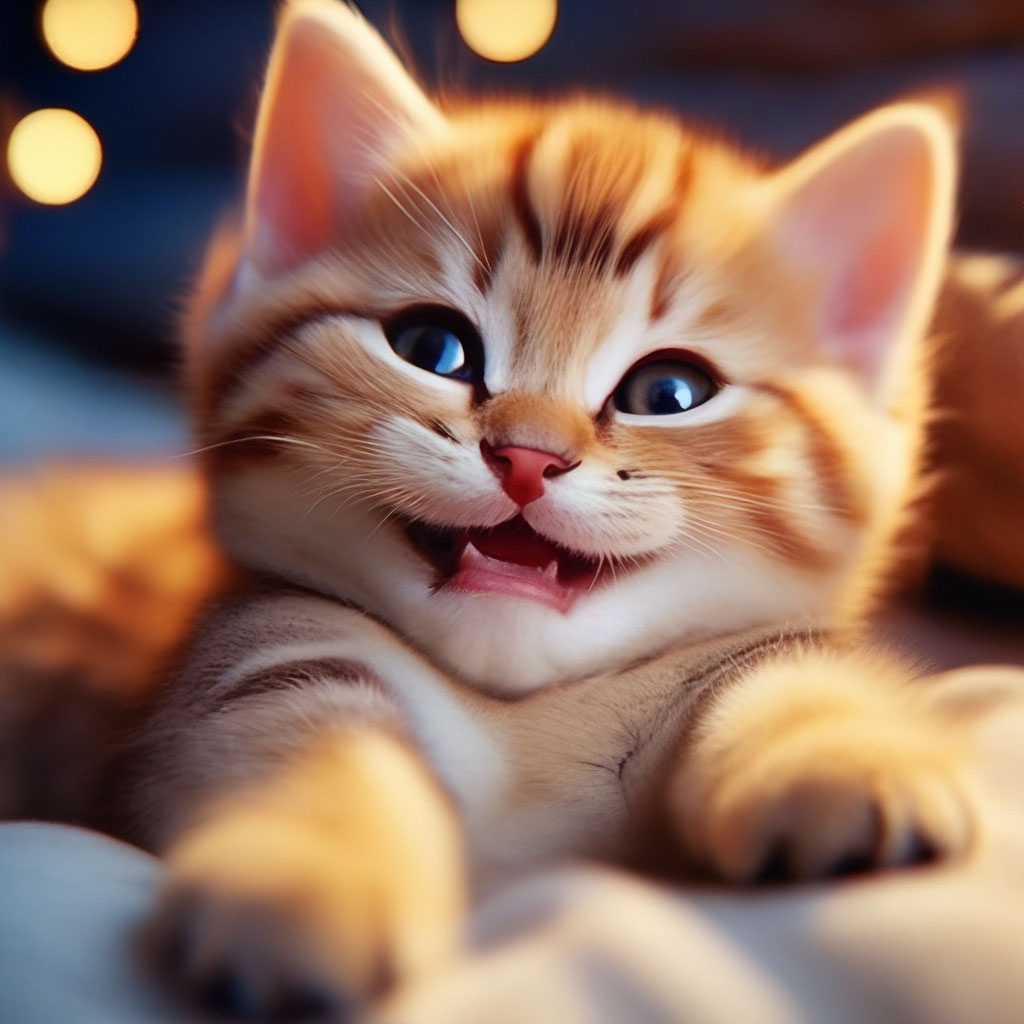 "Super cute smiling kitten wishes you good dreams" — image created in ...