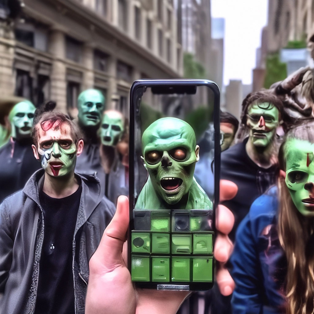 "Zombies in real life with phones" — image created in Shedevrum