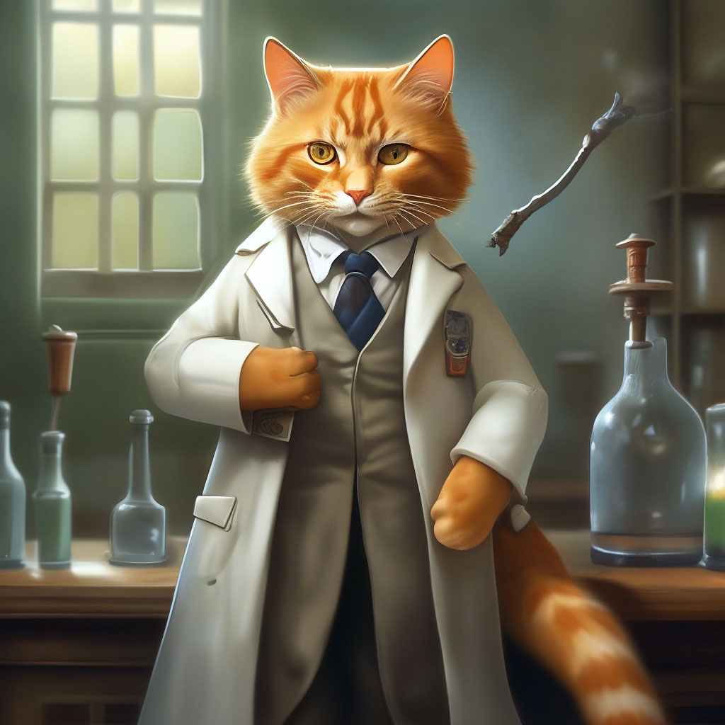 "Anthropomorphic ginger cat,scientist,with a cane,old laboratory ...