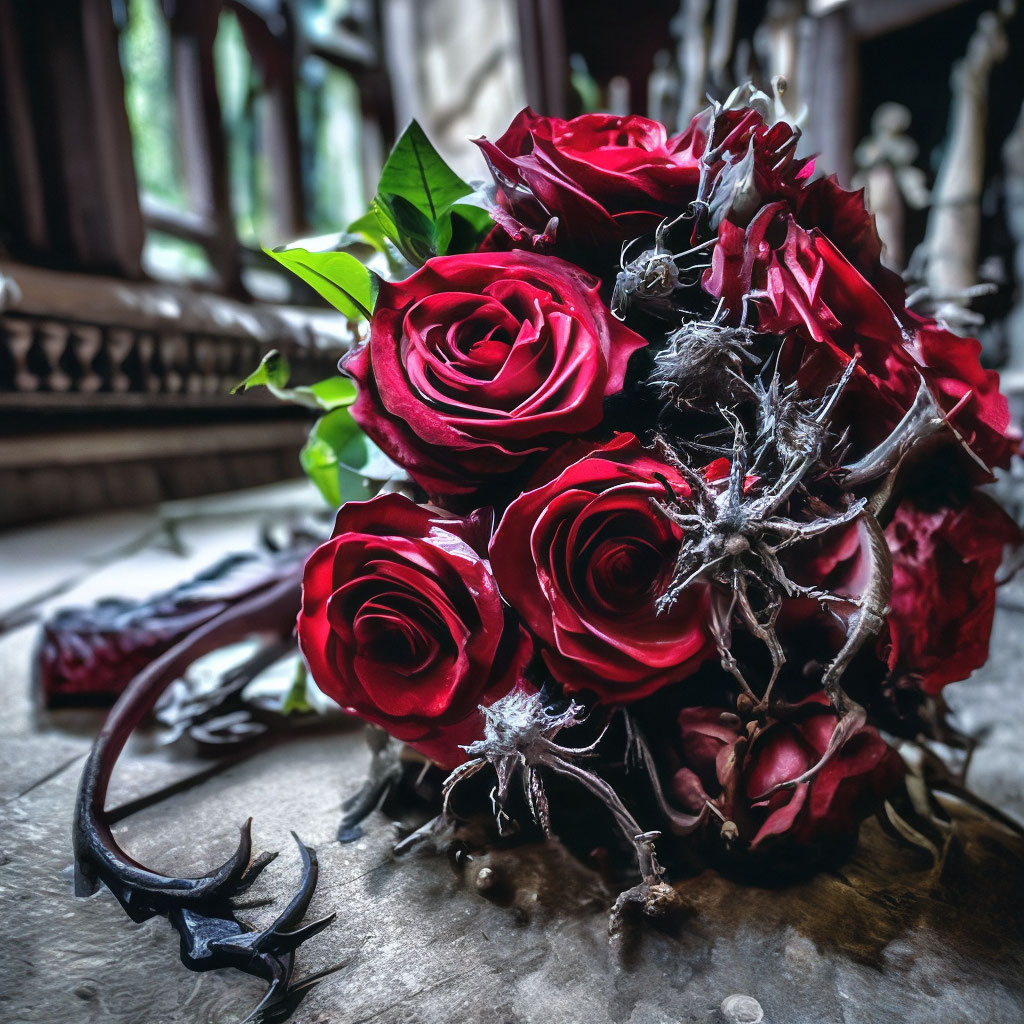 "Scary bony creepy something with a bouquet of roses, Gothic, darkness ...