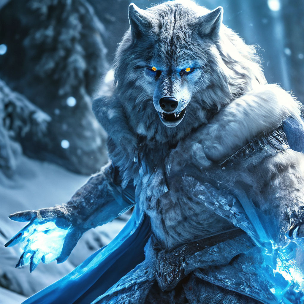 "A view from afar, blue eyes, a white wolf werewolf,ultra-realistic ...