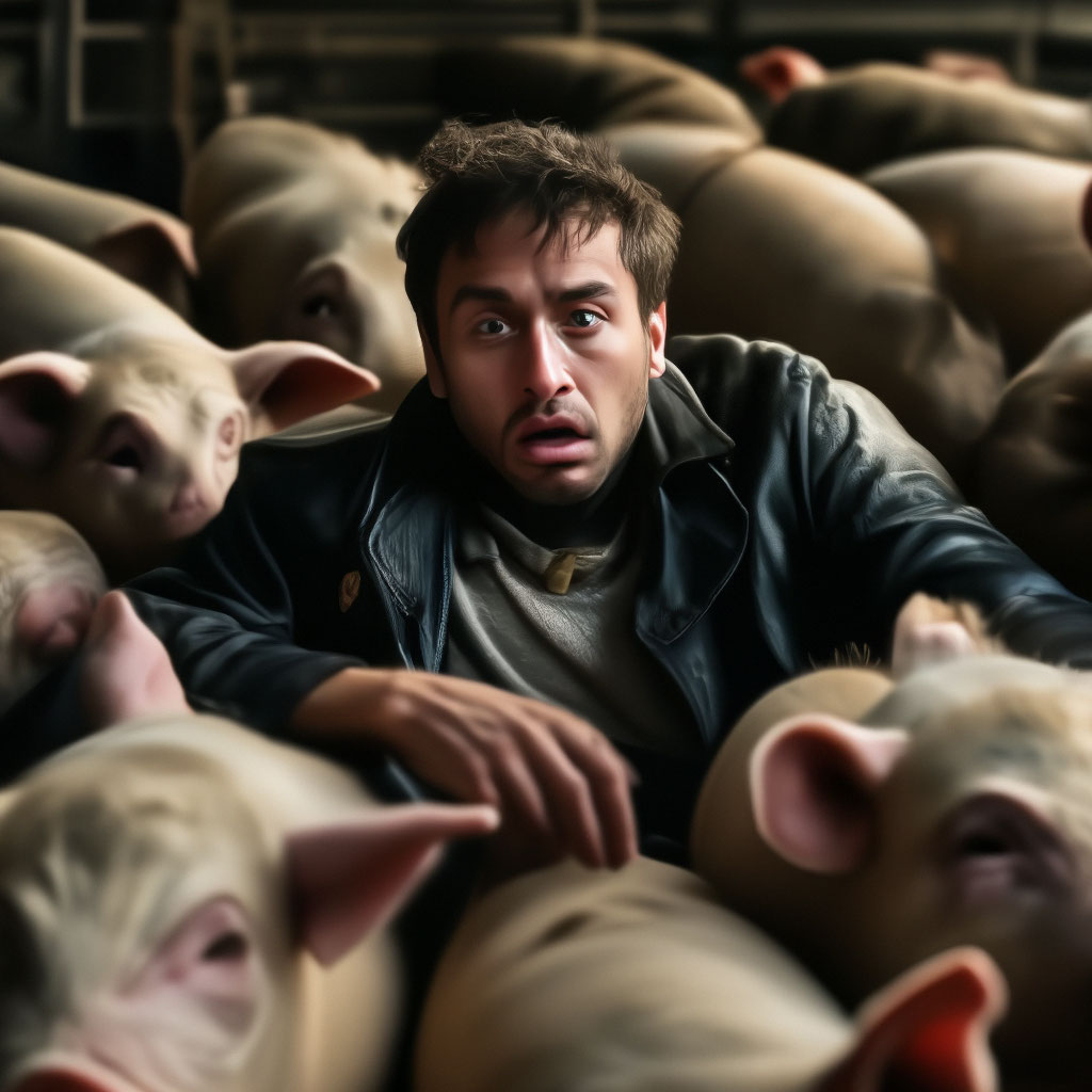 "A very drunk, stunned man is lying in a pigsty among many pigs ...